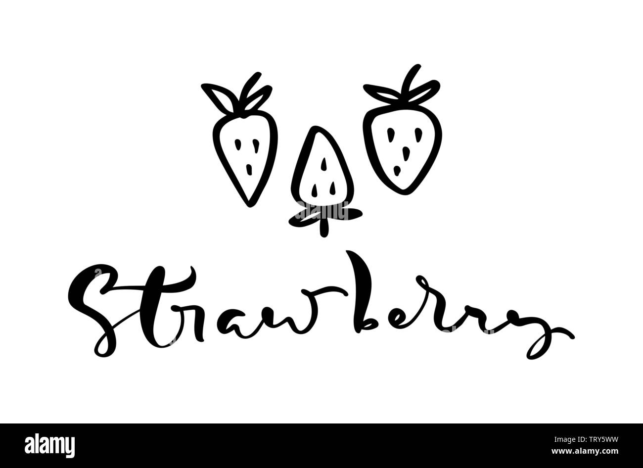 Hand drawn calligraphy text Strawberry and three outline doodle icons ...