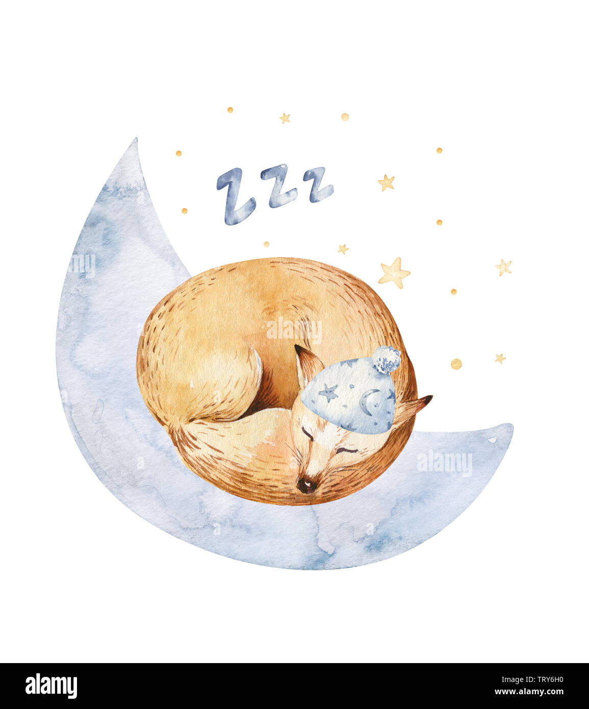 Cute dreaming cartoon animal hand drawn watercolor illustration. Can be ...