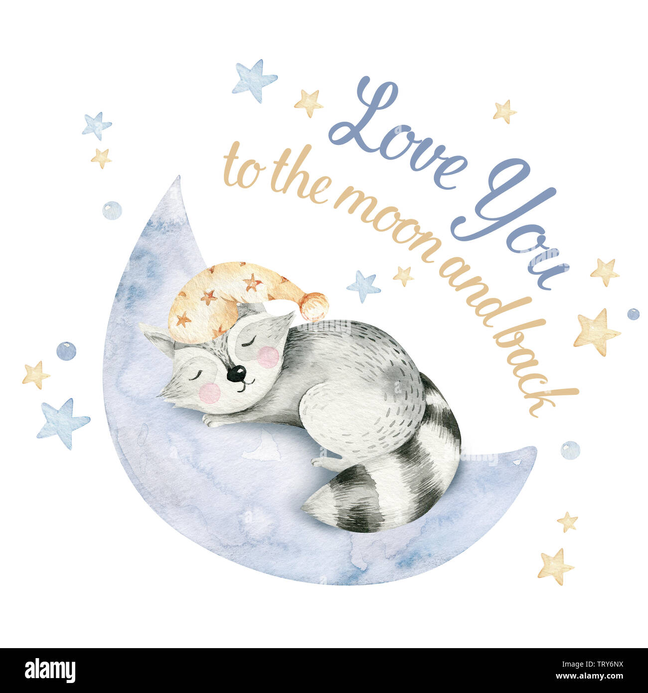 Cute dreaming cartoon animal hand drawn watercolor illustration. Can be ...
