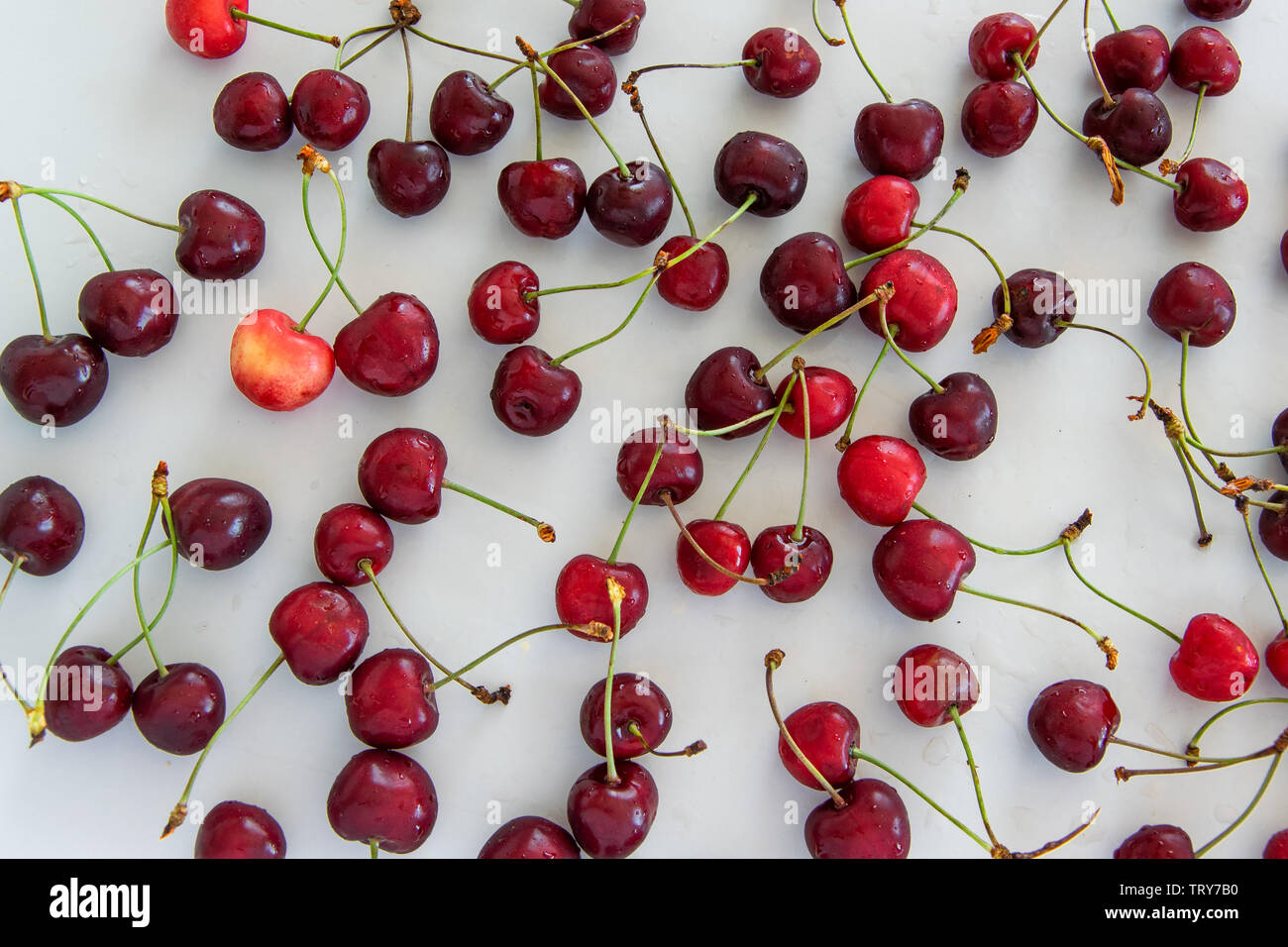 Top view of raw cherries on white background, space for text Stock ...