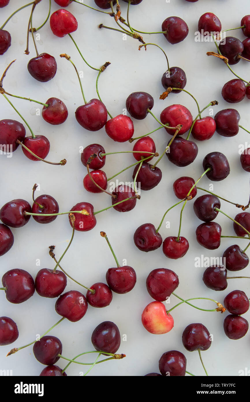 Top view of raw cherries on white background, space for text Stock ...