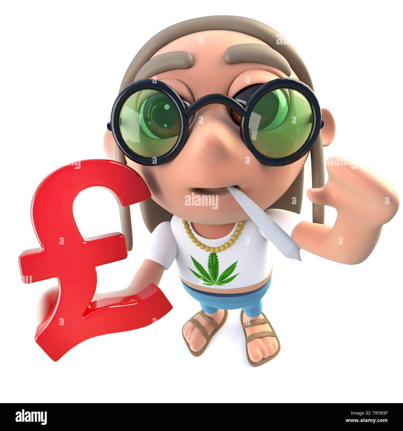 3d render of a funny cartoon hippy stoner character holding a UK Pounds ...