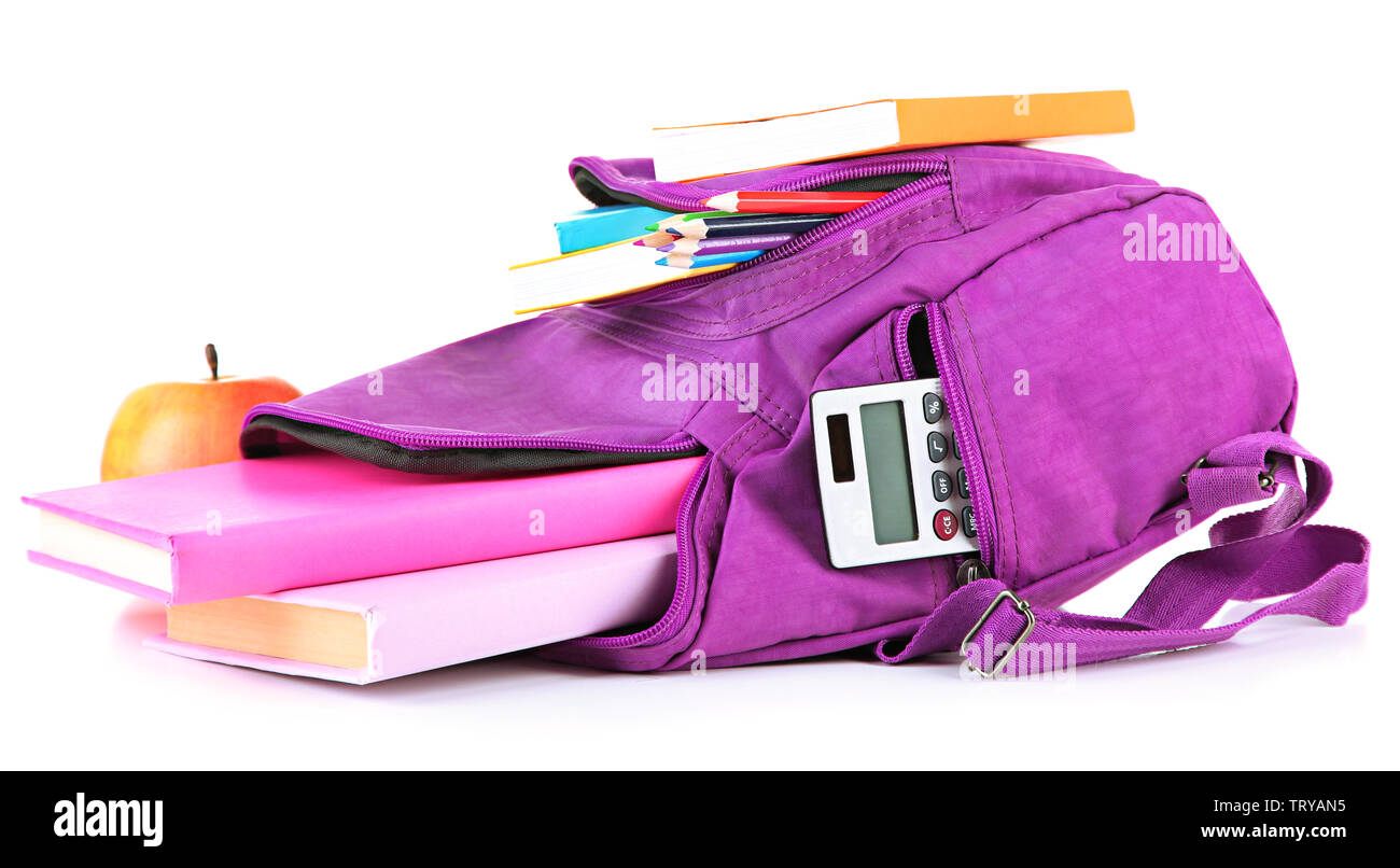 Purple backpack with school supplies isolated on white Stock Photo - Alamy