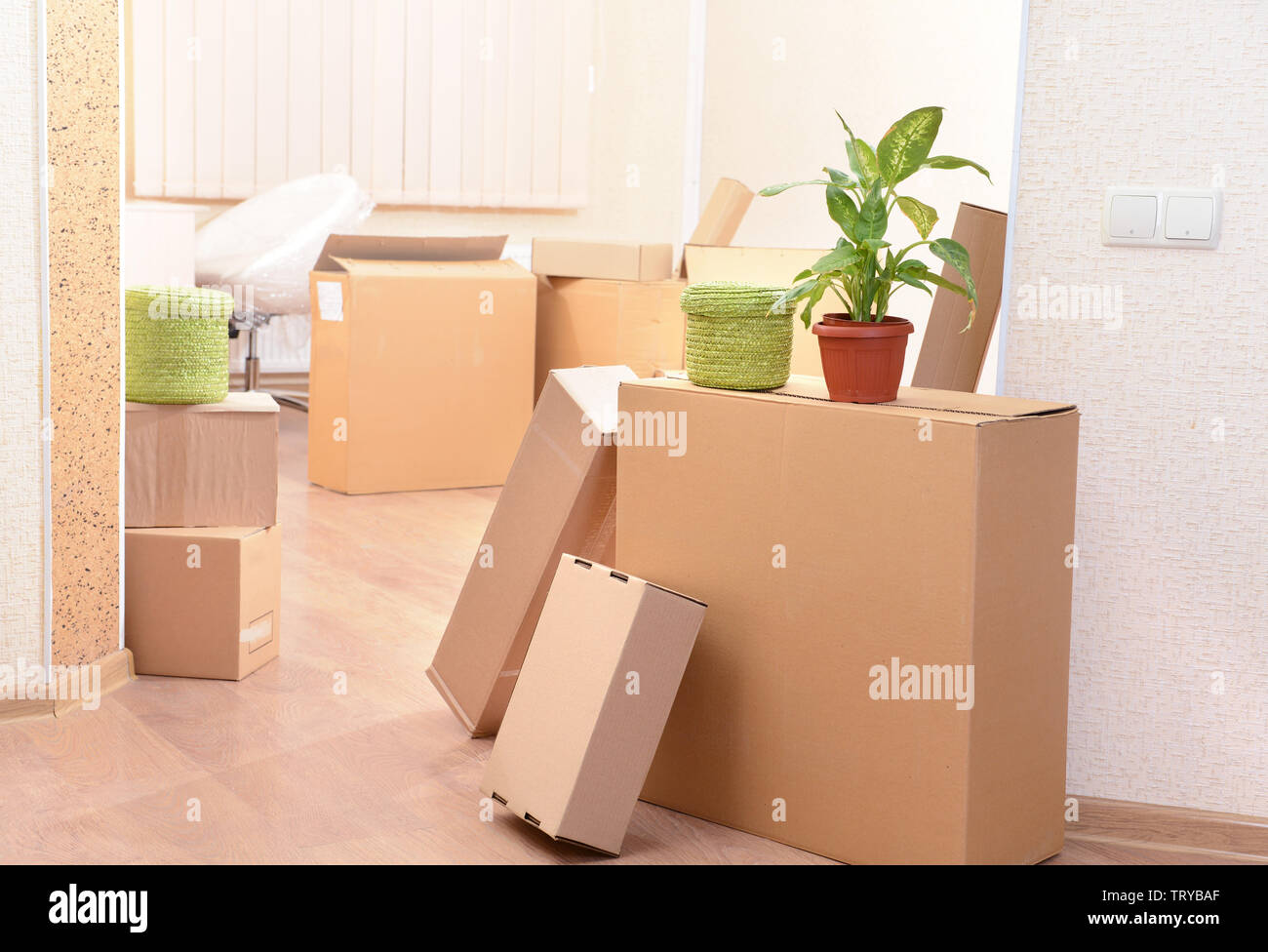 Empty room with stack of cartons: moving house concept Stock Photo - Alamy