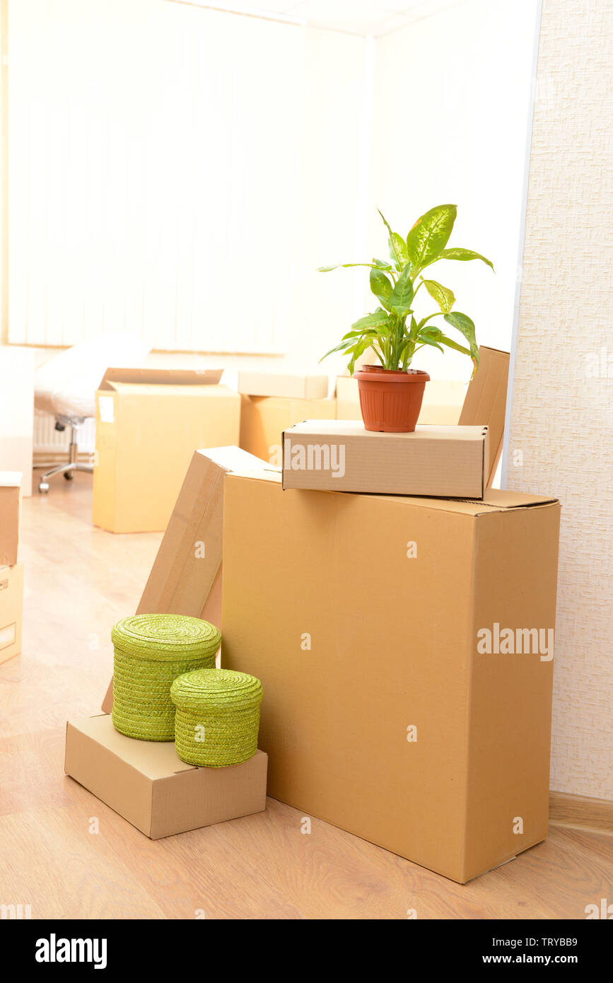 Empty room with stack of cartons: moving house concept Stock Photo - Alamy