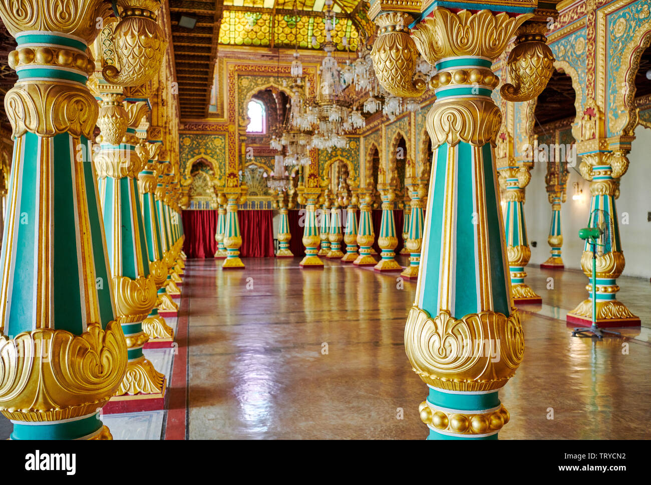 colorful columns in Private Durbar Hall, interior shot of Mysore Palace ...
