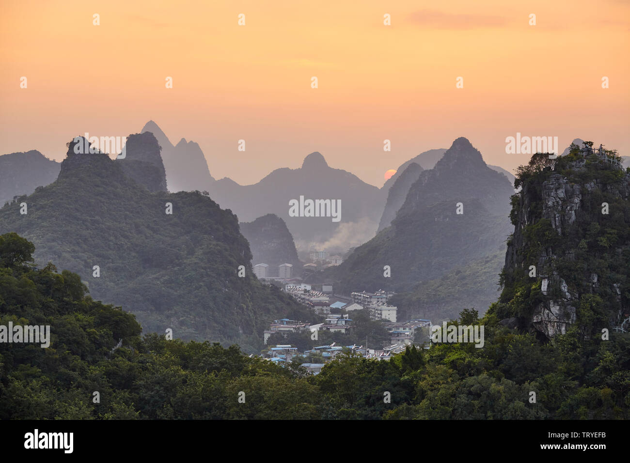 Scenic sunset over Karst mountains in Guilin, one of China top tourist ...