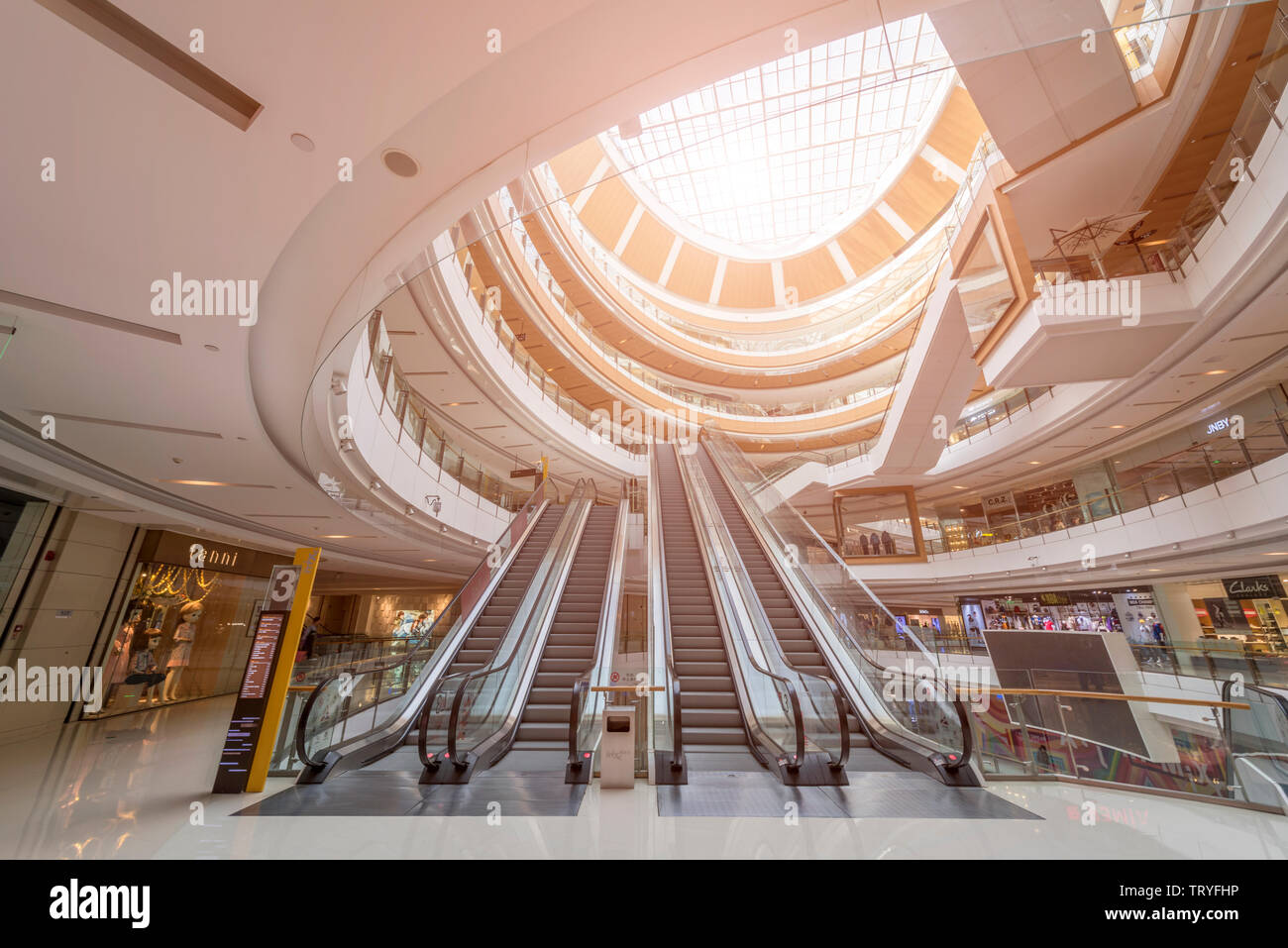 Indoor landscape, shopping escalator and glass roof of modern shopping ...