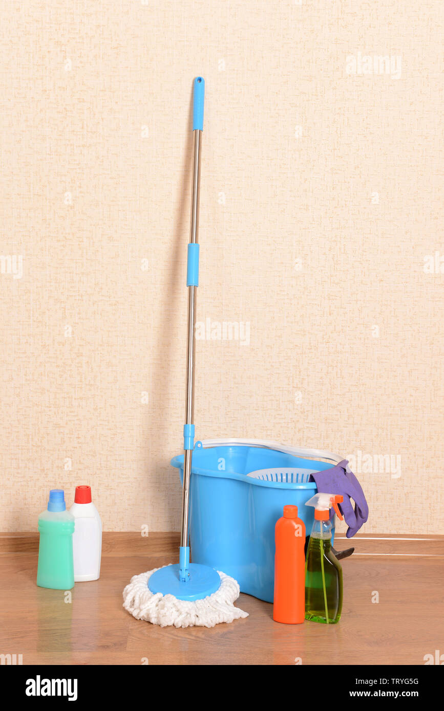 House cleaning equipment with mop Stock Photo - Alamy
