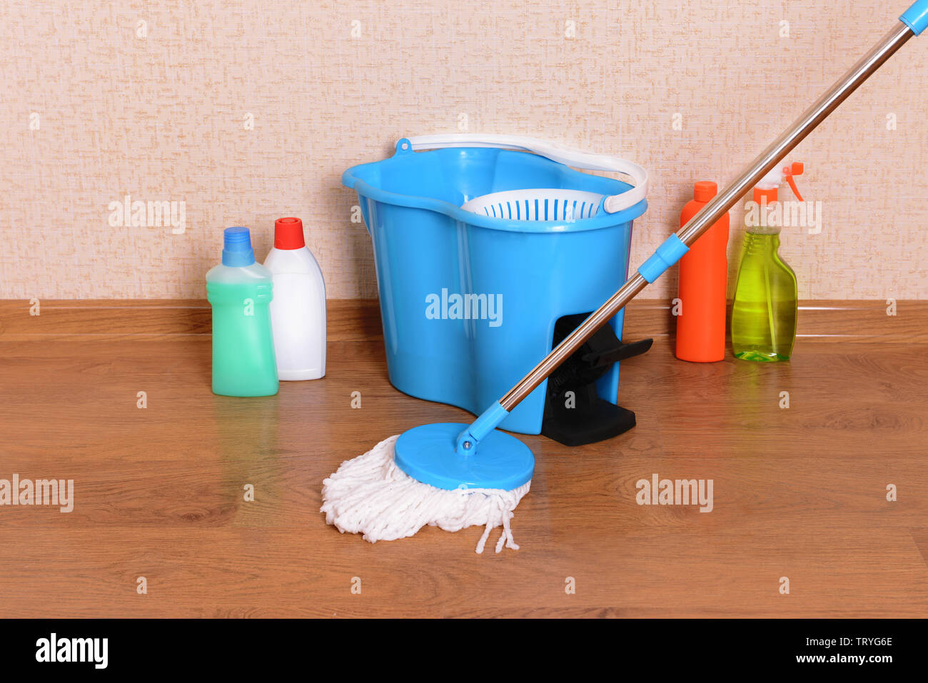 House cleaning equipment with mop Stock Photo - Alamy