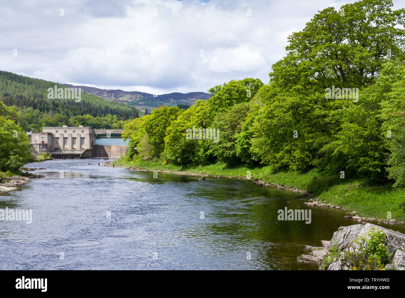 View of Pitlochry hydroelectric power station and dam, River Tummel ...