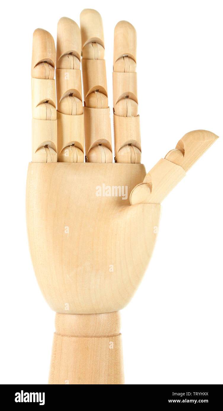Wooden hand isolated on white Stock Photo - Alamy