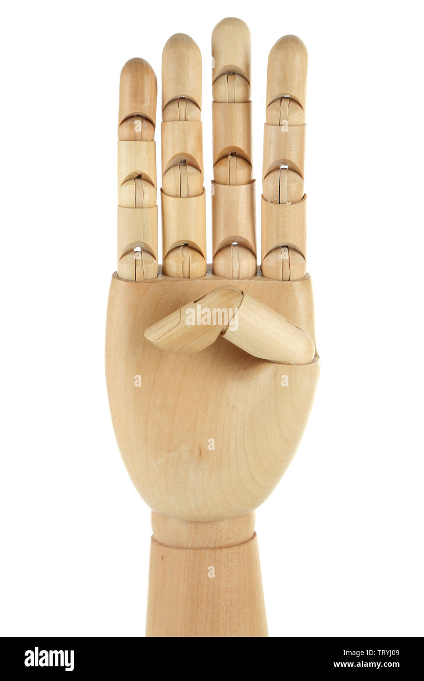Wooden hand isolated on white Stock Photo - Alamy