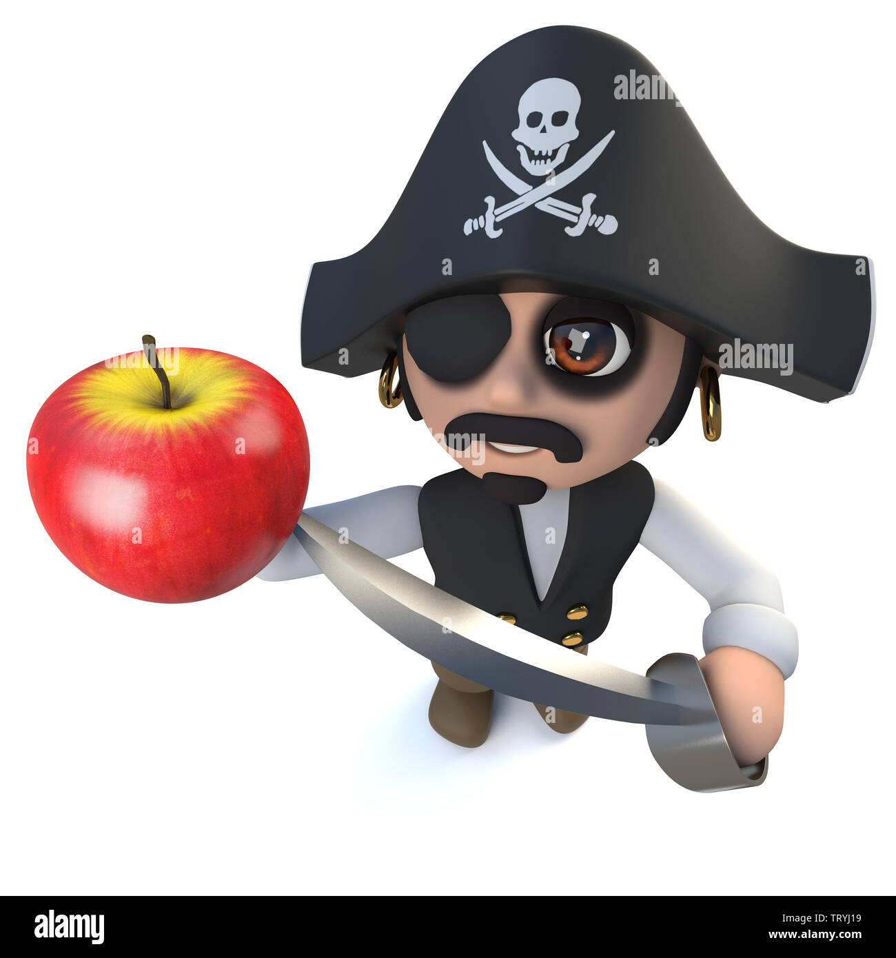 3d render of a funny cartoon pirate captain character holding an apple ...