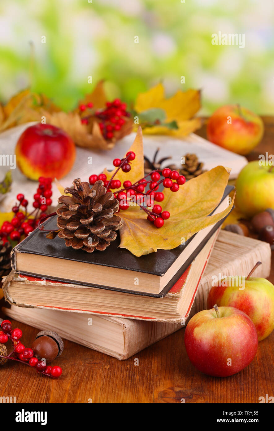 Books and autumn leaves on wooden table on natural background Stock ...