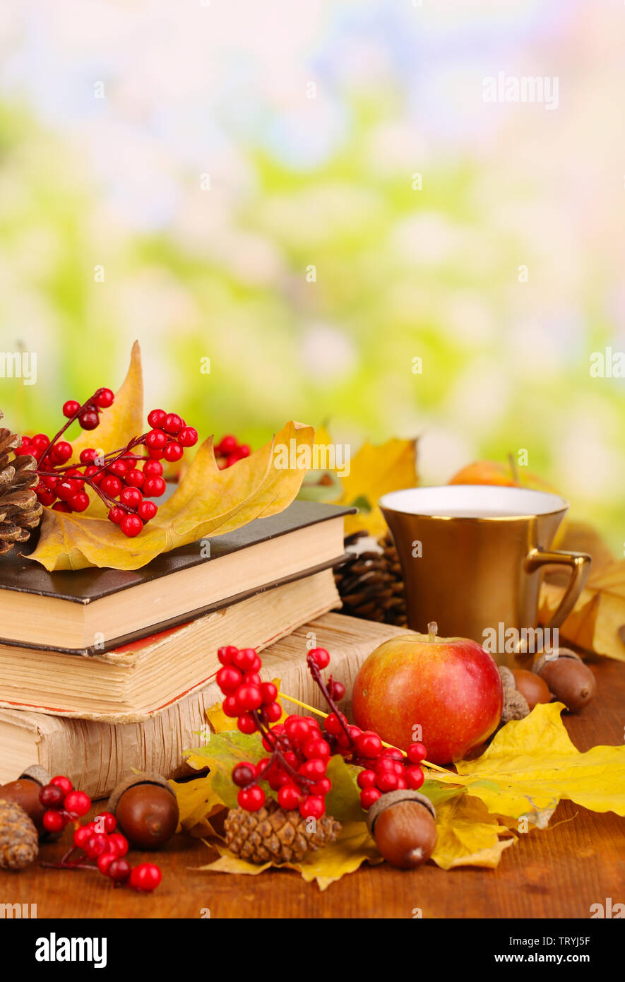 Books and autumn leaves on wooden table on natural background Stock ...