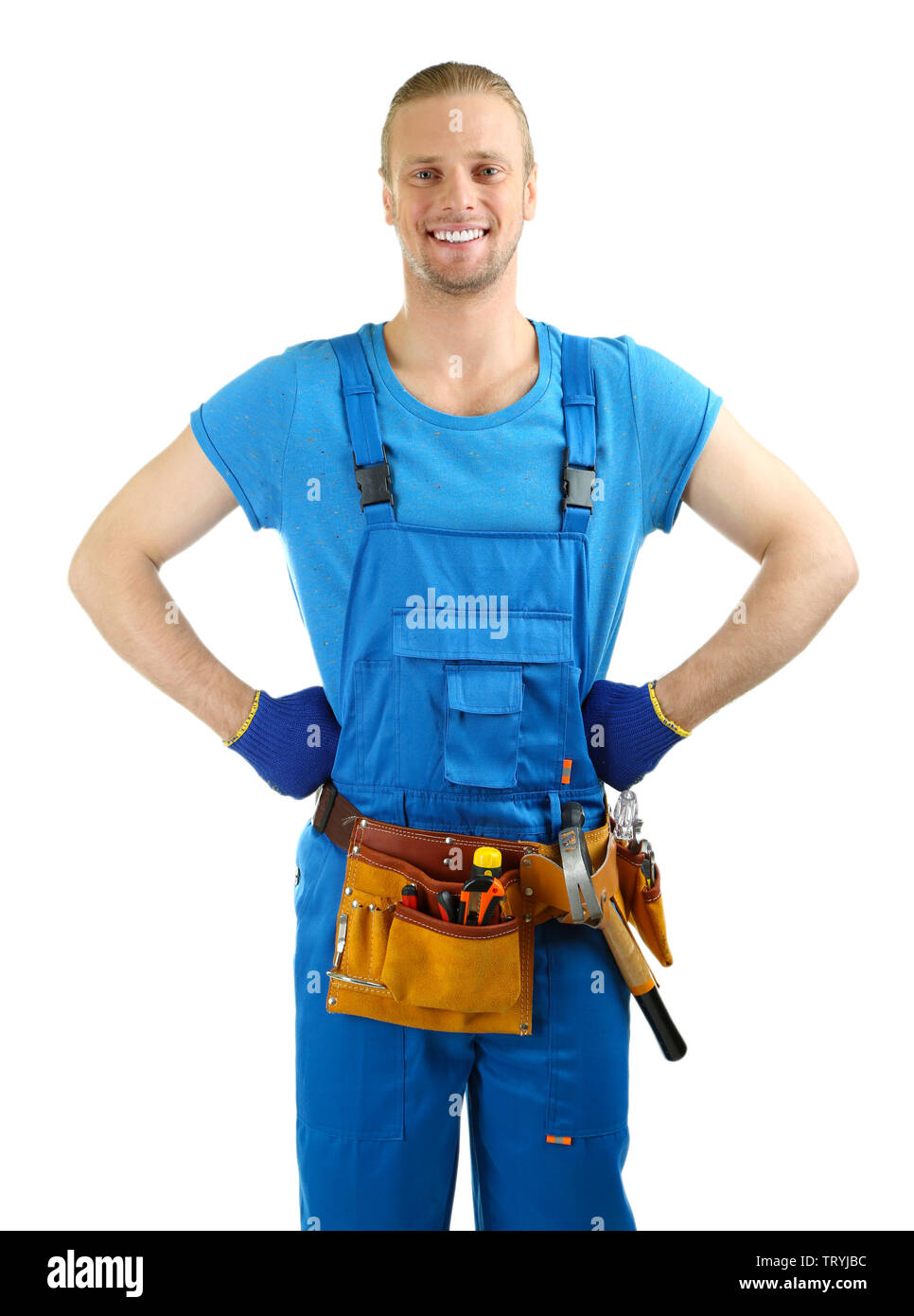 Portrait of young foreman isolated on white Stock Photo - Alamy