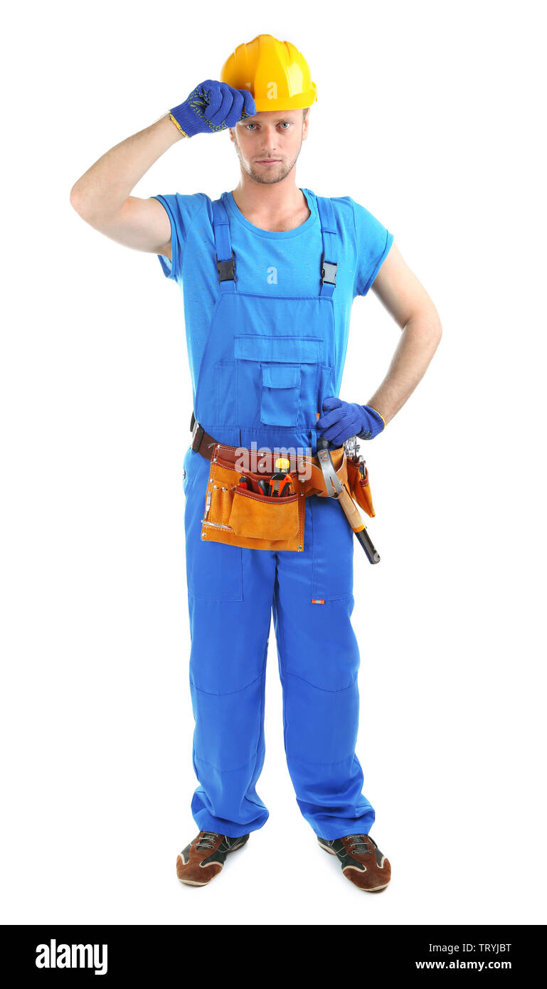Portrait of young foreman isolated on white Stock Photo - Alamy