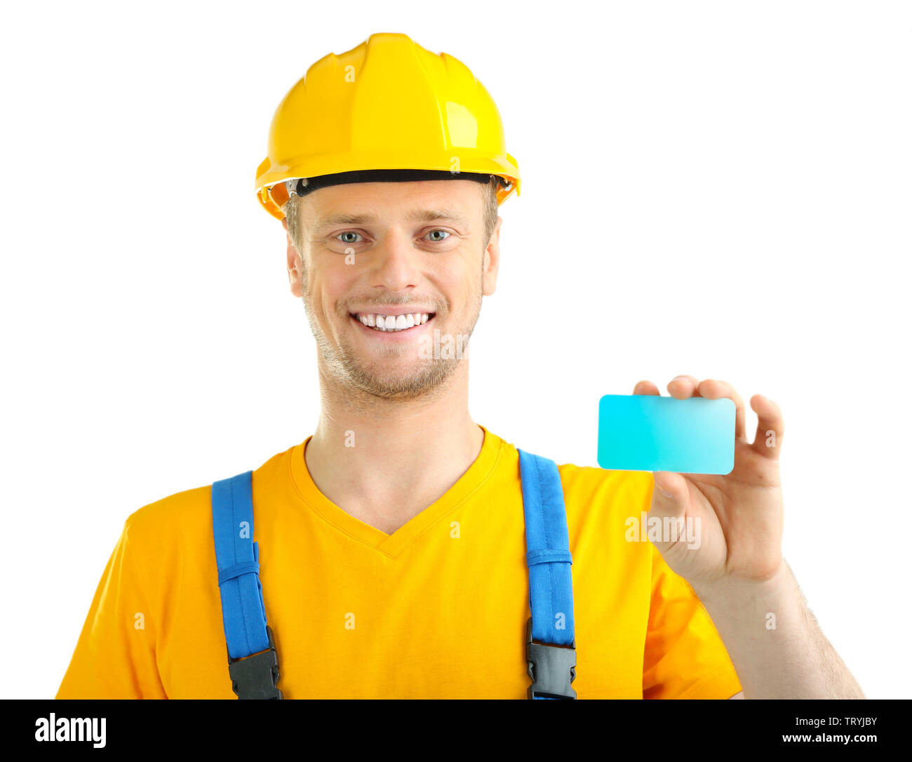 Portrait of young builder with card isolated on white Stock Photo - Alamy