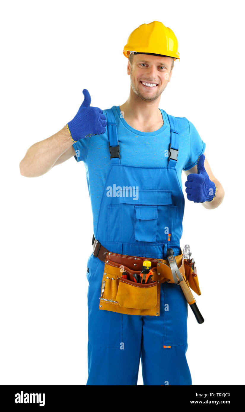 Portrait of young foreman isolated on white Stock Photo - Alamy