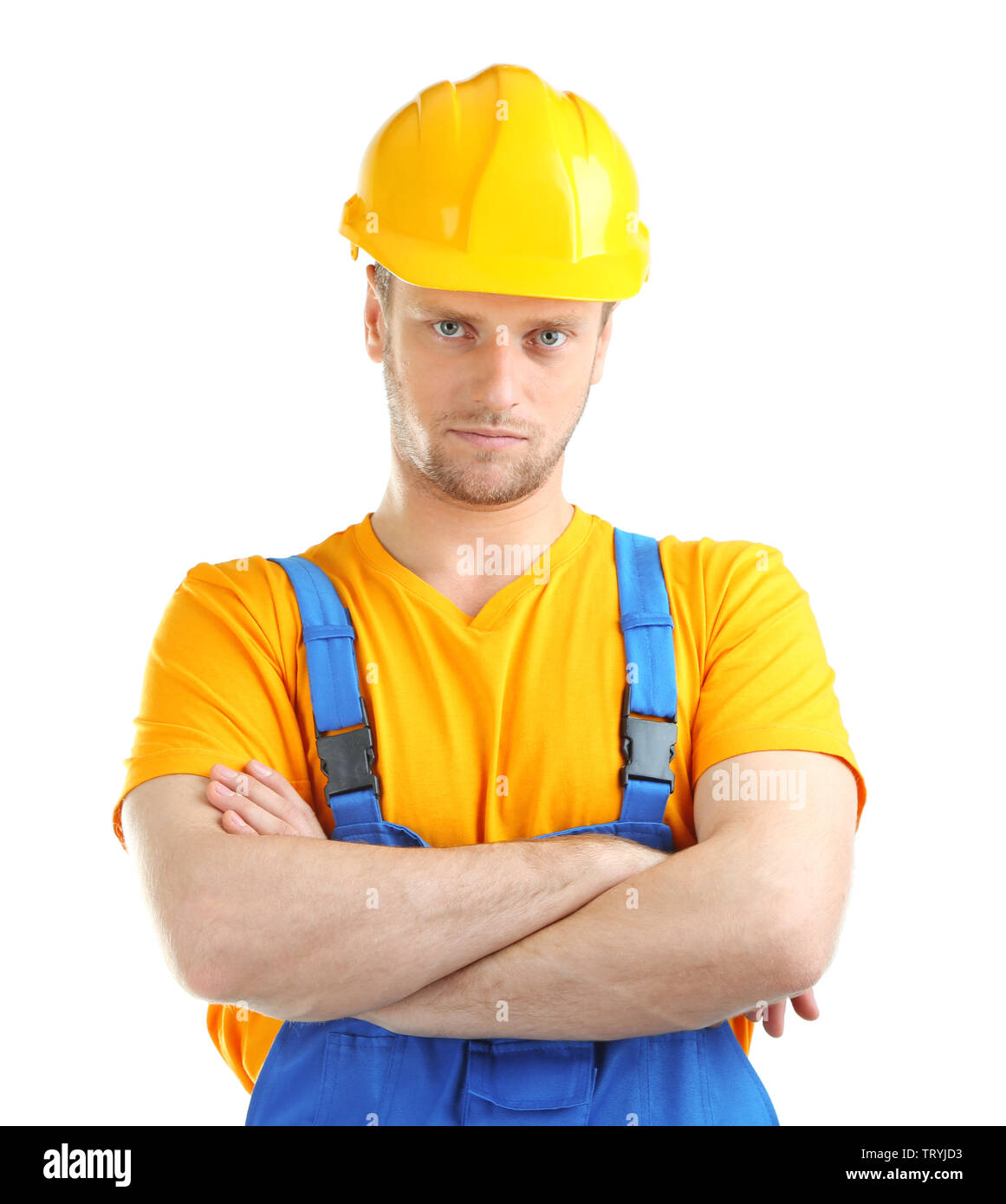 Portrait of young builder isolated on white Stock Photo - Alamy