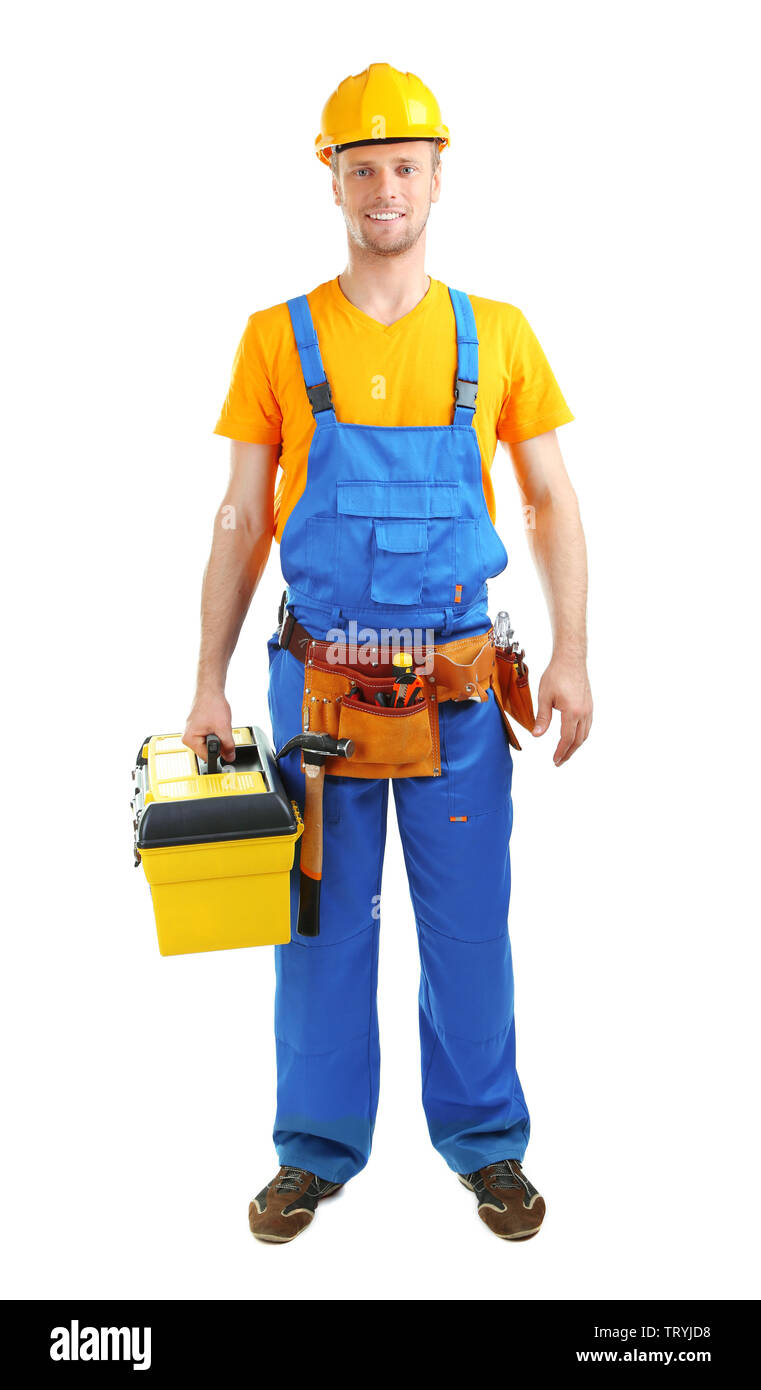Portrait of young builder isolated on white Stock Photo - Alamy