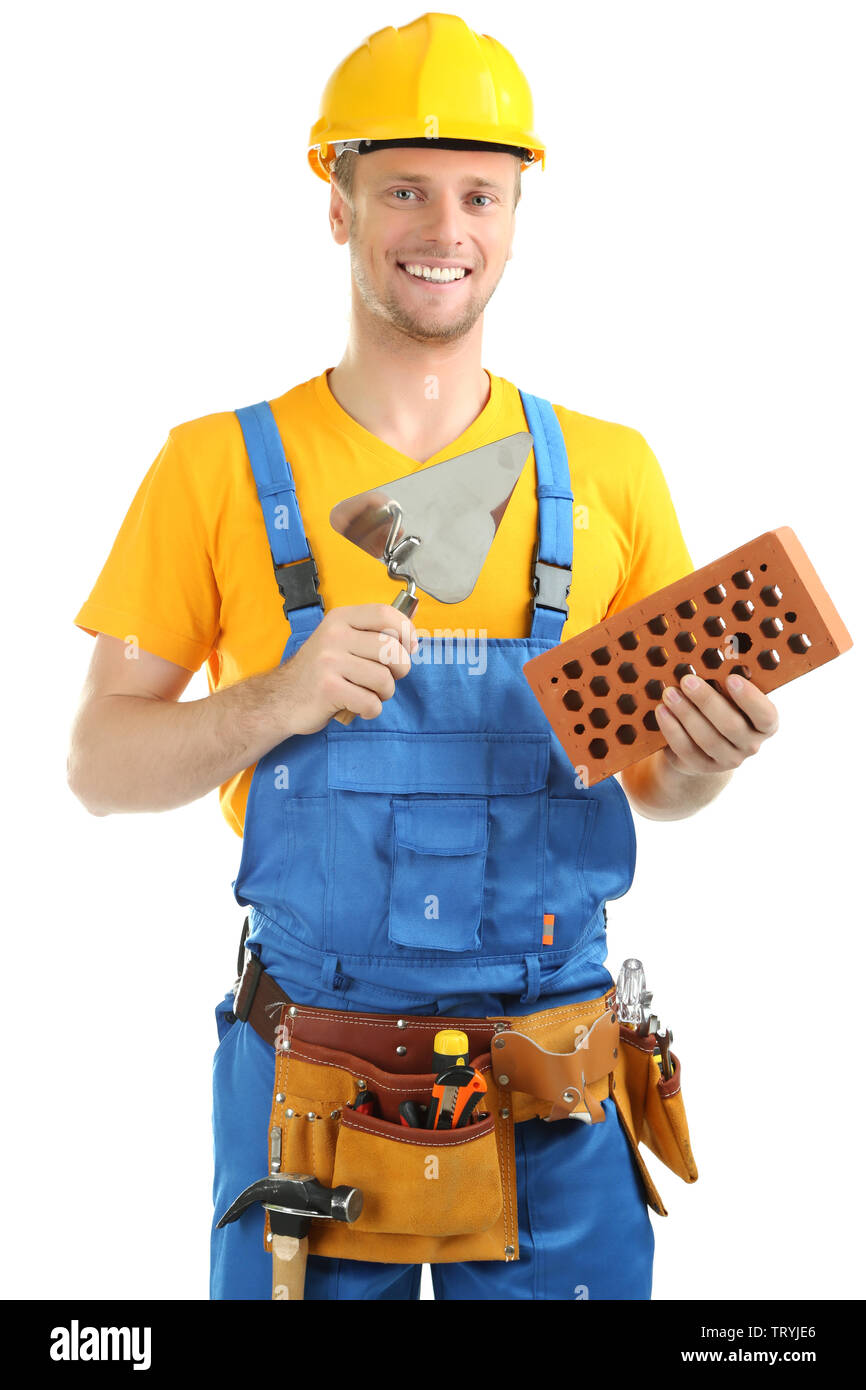 Portrait of young builder isolated on white Stock Photo - Alamy
