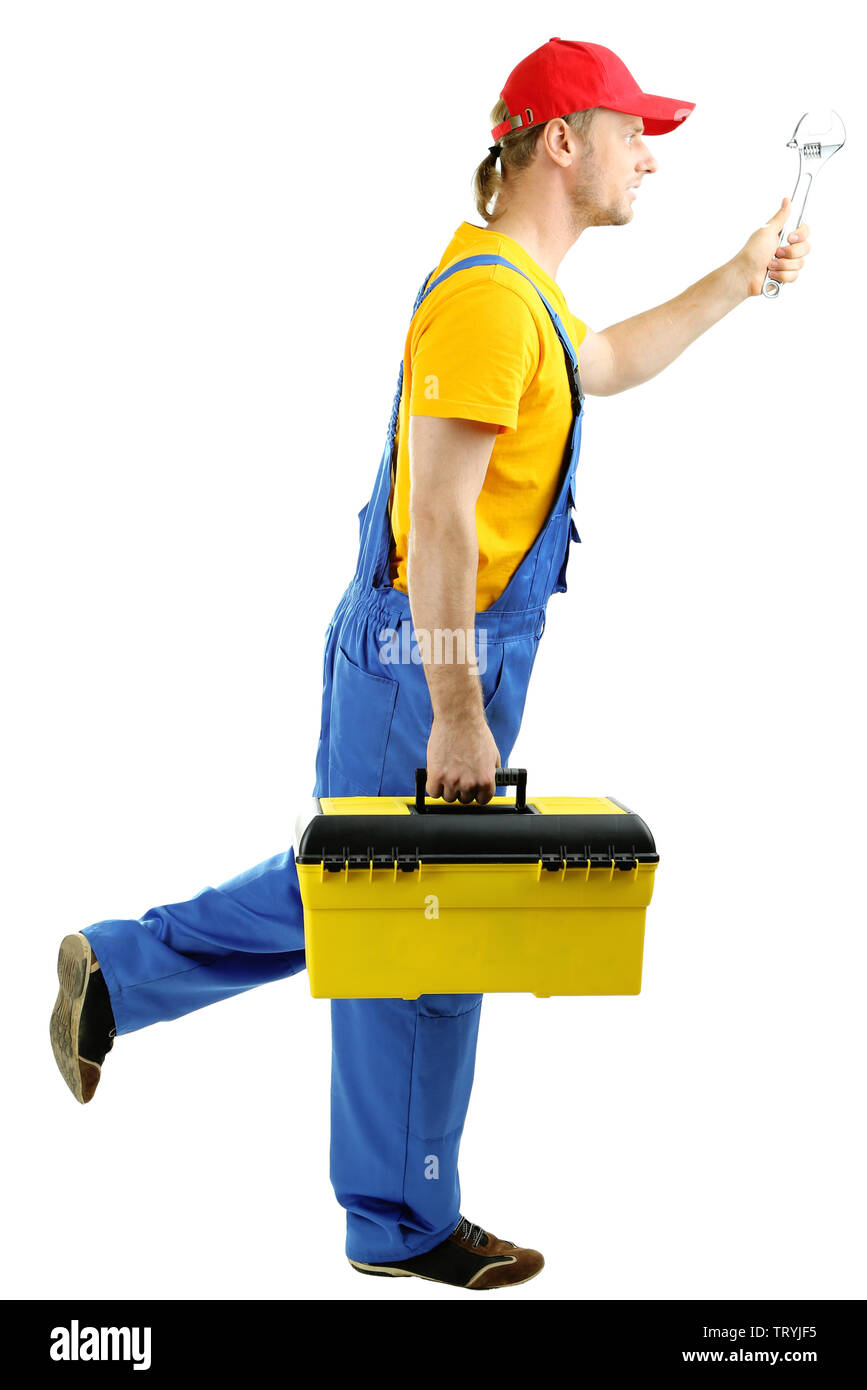 Portrait of young foreman isolated on white Stock Photo - Alamy