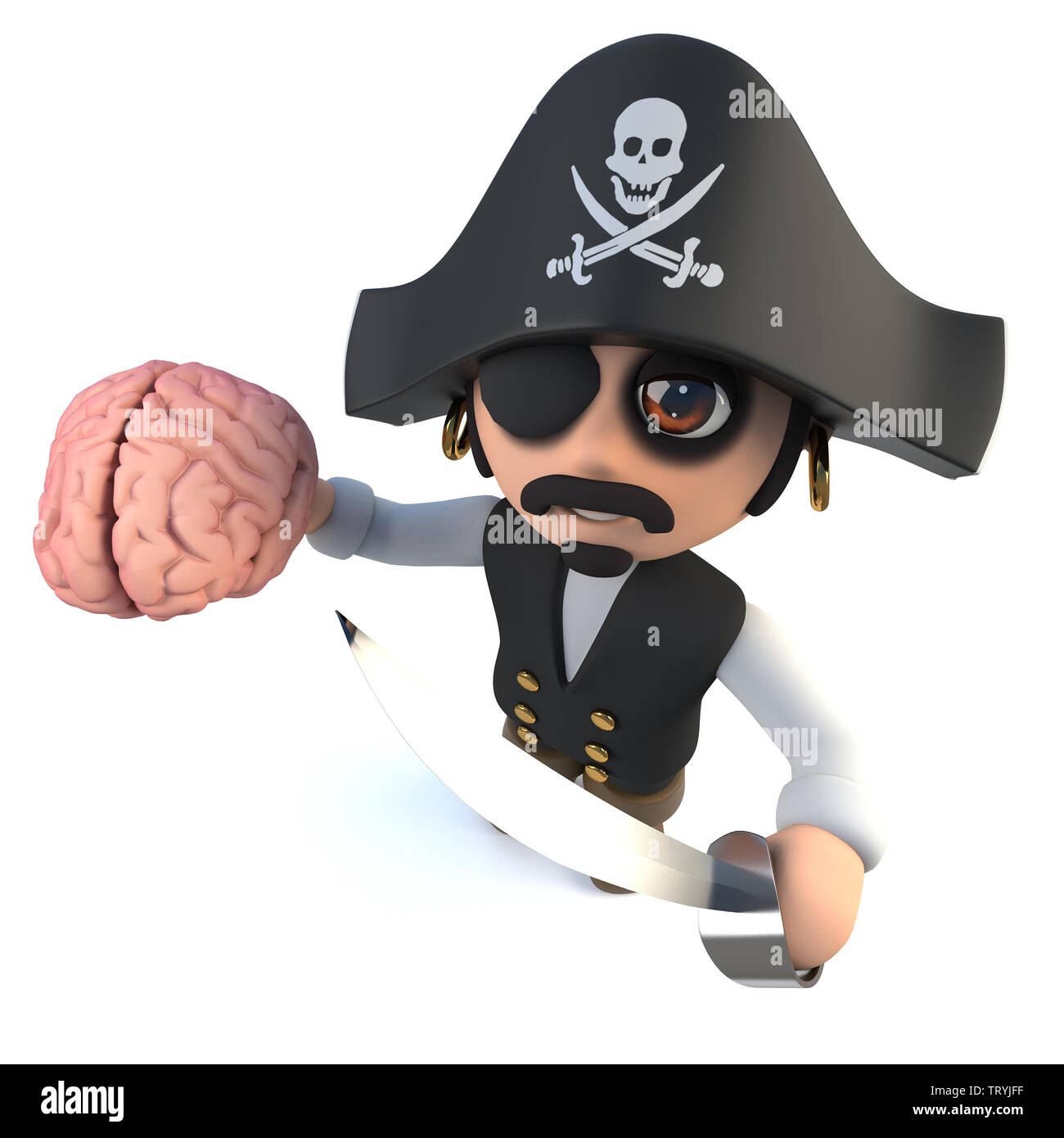 3d render of a funny cartoon pirate captain holding a human brain Stock ...
