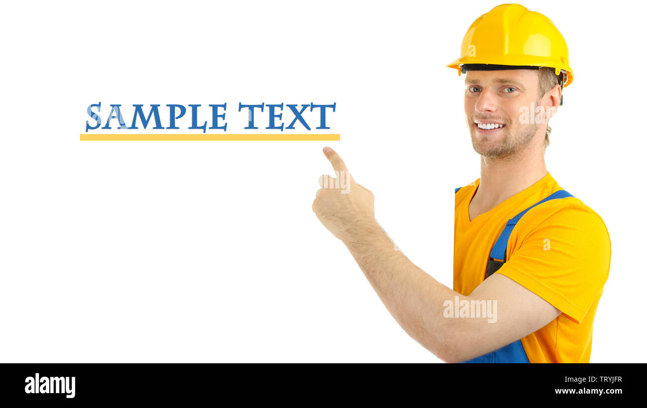 Portrait of young builder isolated on white Stock Photo - Alamy