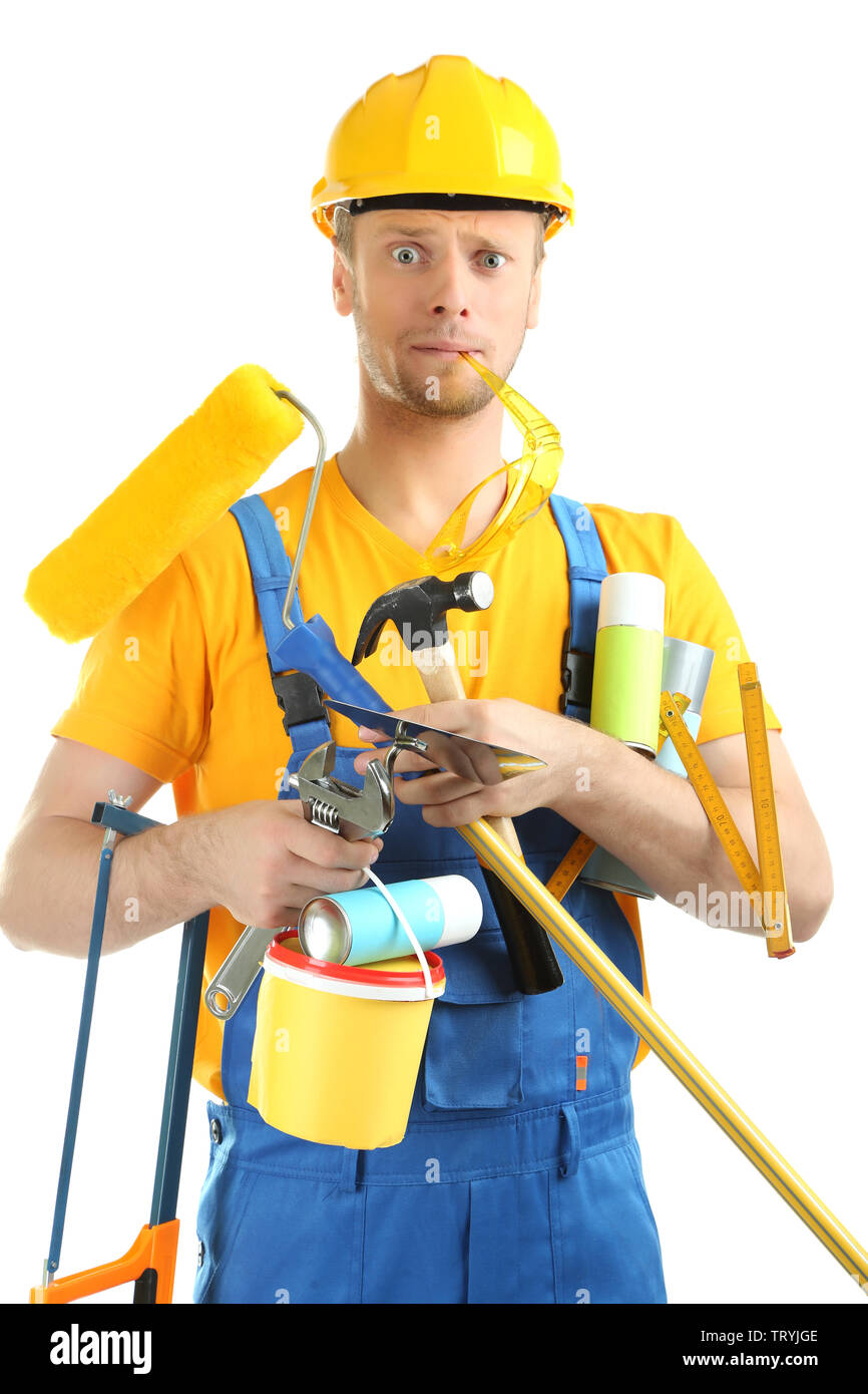 Portrait of young builder isolated on white Stock Photo - Alamy