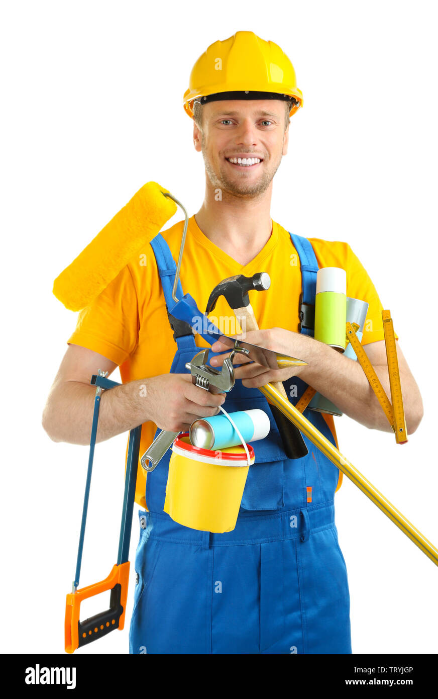 Portrait of young builder isolated on white Stock Photo - Alamy