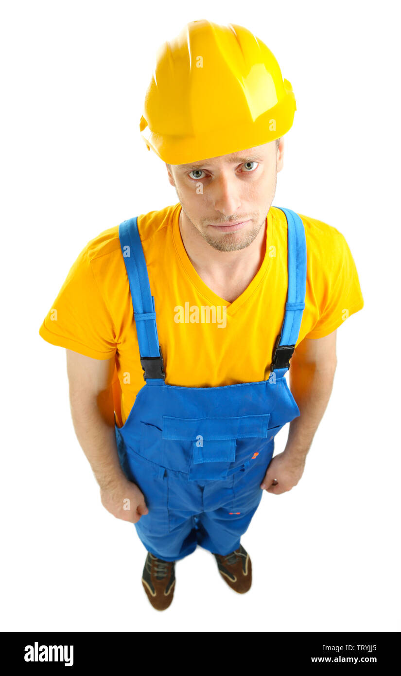 Portrait of young builder isolated on white Stock Photo - Alamy