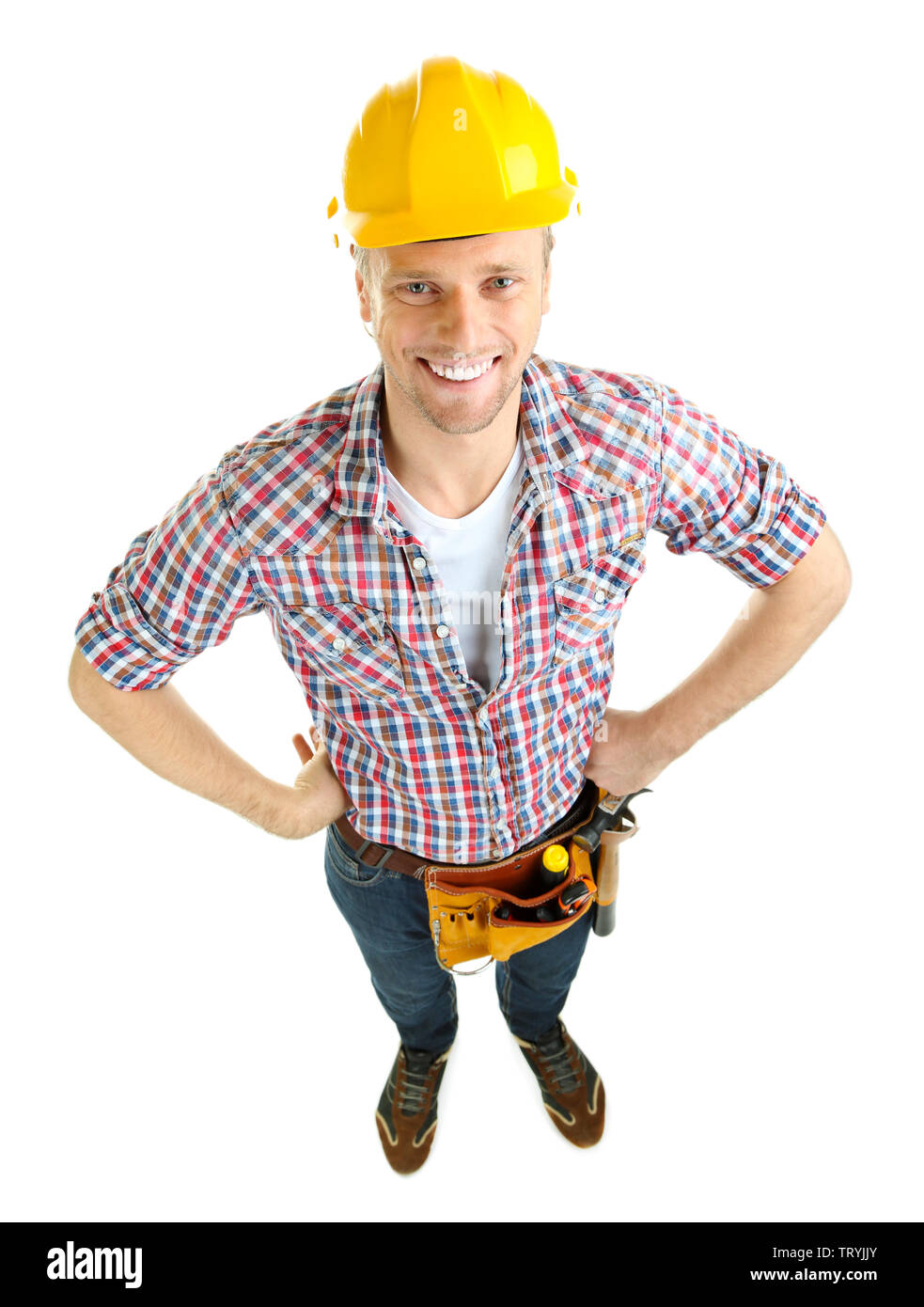 Portrait of young builder isolated on white Stock Photo - Alamy