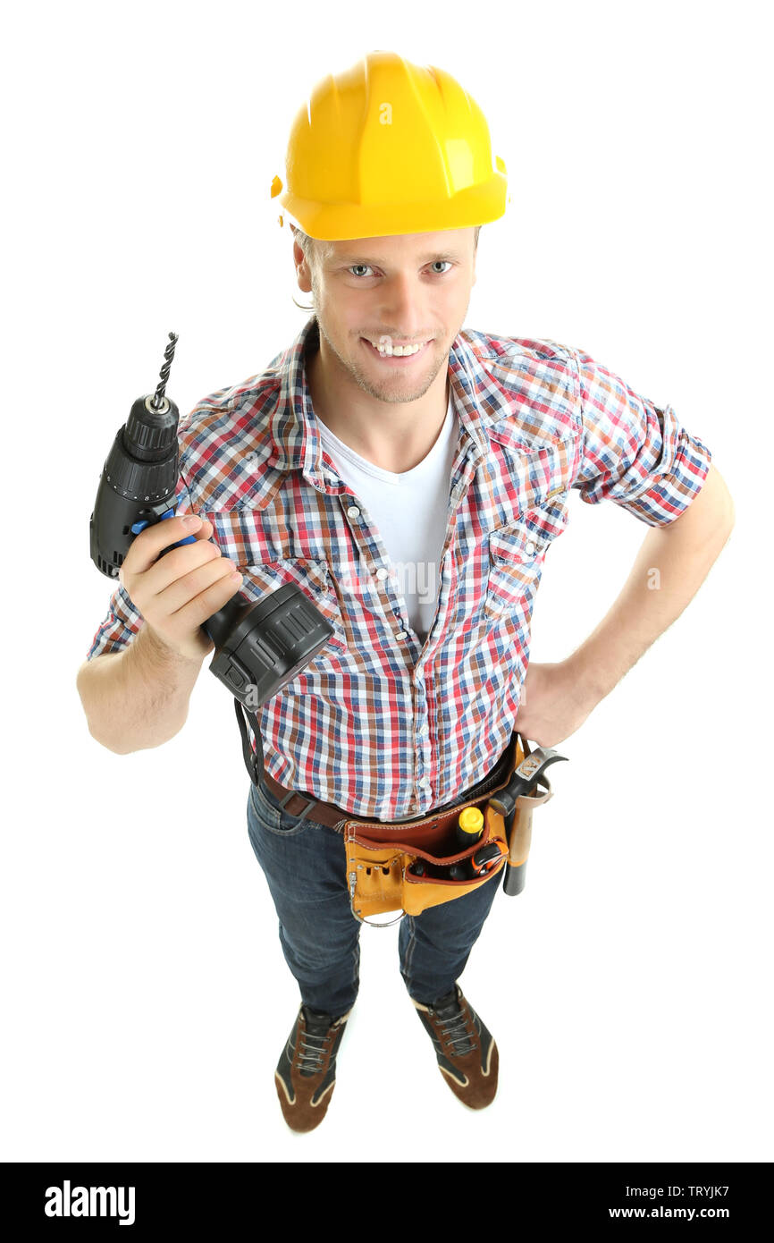 Portrait of young builder isolated on white Stock Photo - Alamy