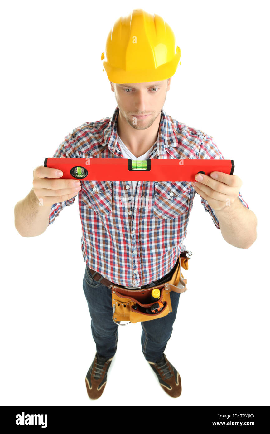 Portrait of young builder isolated on white Stock Photo - Alamy