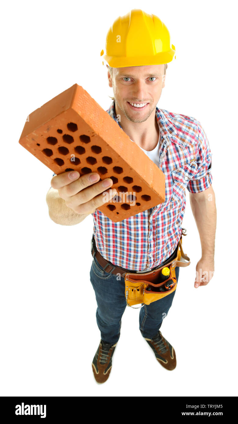 Portrait of young builder isolated on white Stock Photo - Alamy
