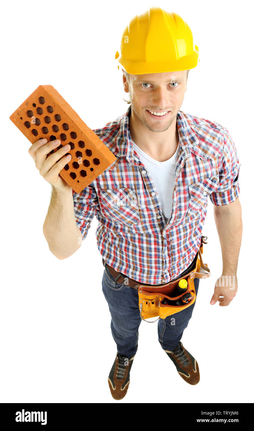 Portrait of young builder isolated on white Stock Photo - Alamy