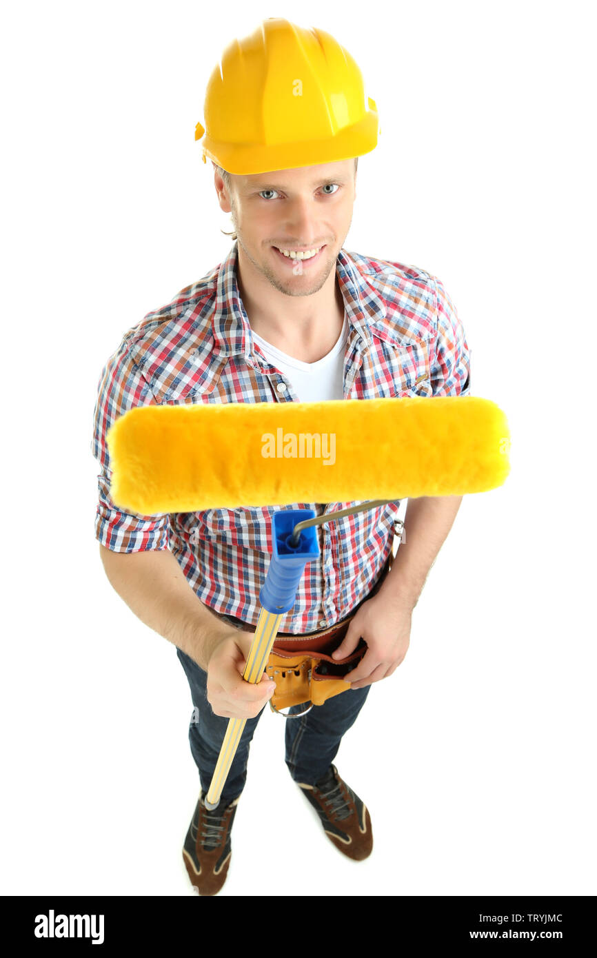 Portrait of young builder isolated on white Stock Photo - Alamy