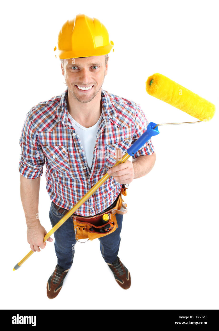 Portrait of young builder isolated on white Stock Photo - Alamy