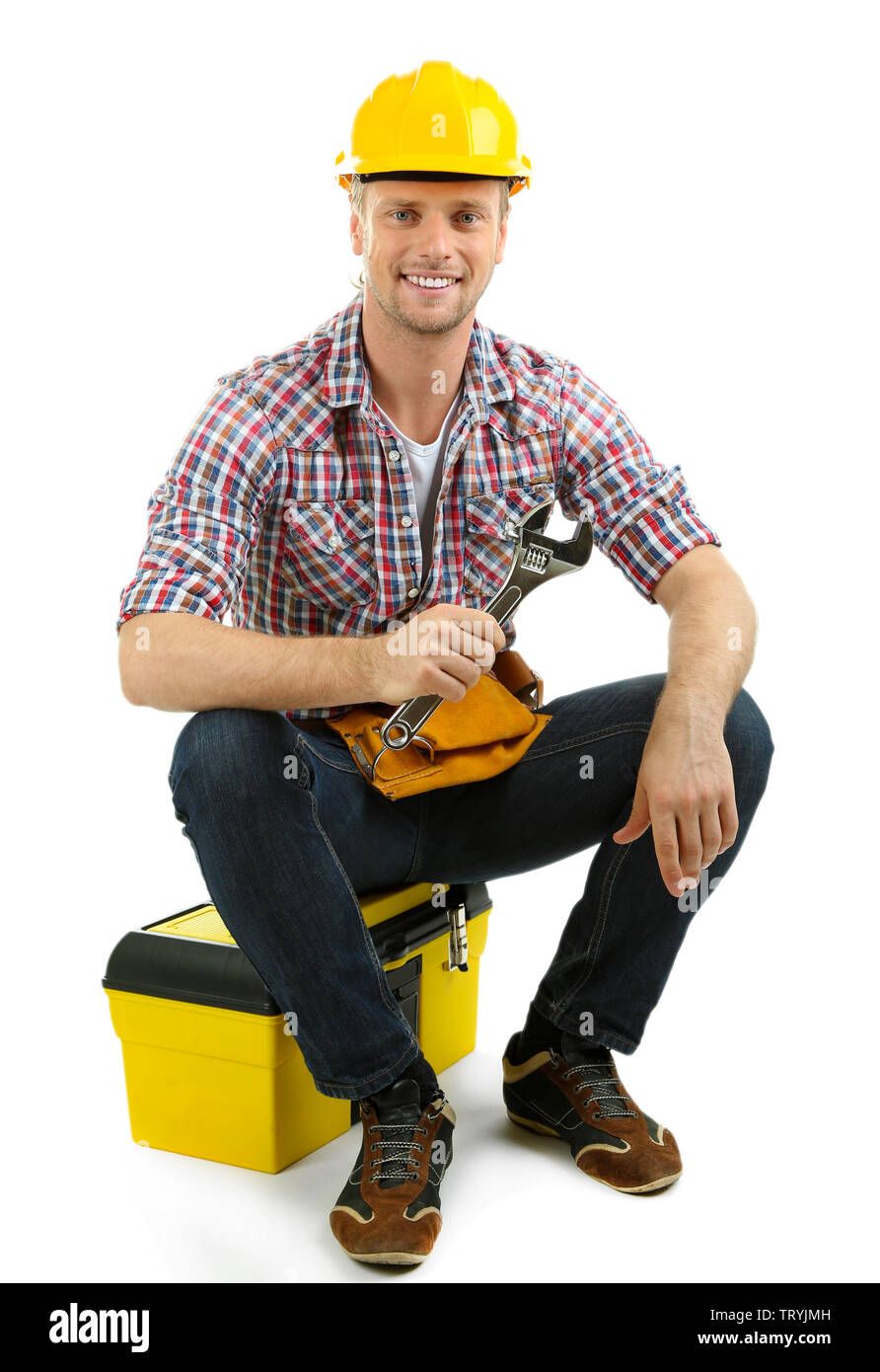 Portrait of young builder isolated on white Stock Photo - Alamy