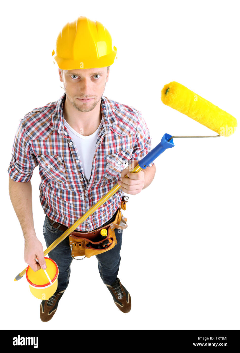 Portrait of young builder isolated on white Stock Photo - Alamy