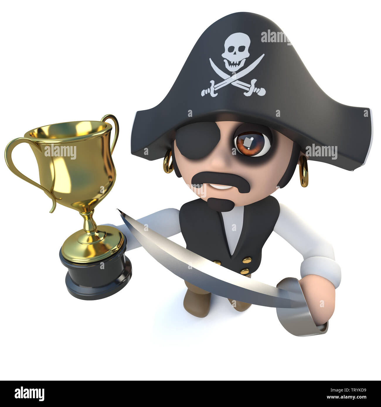 3d render of a funny cartoon pirate captain character holding a gold ...