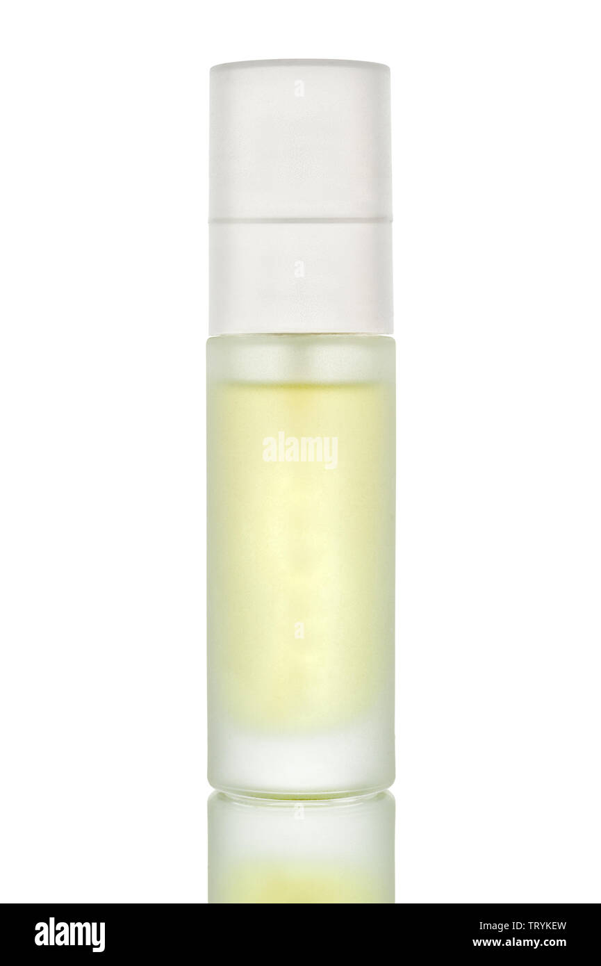 Glass bottle of yellow perfume isolated on white Stock Photo - Alamy