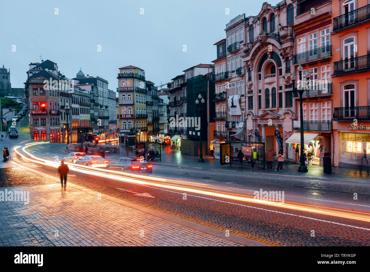 Night city view of Porto with blurred traffic lights taken with slow ...