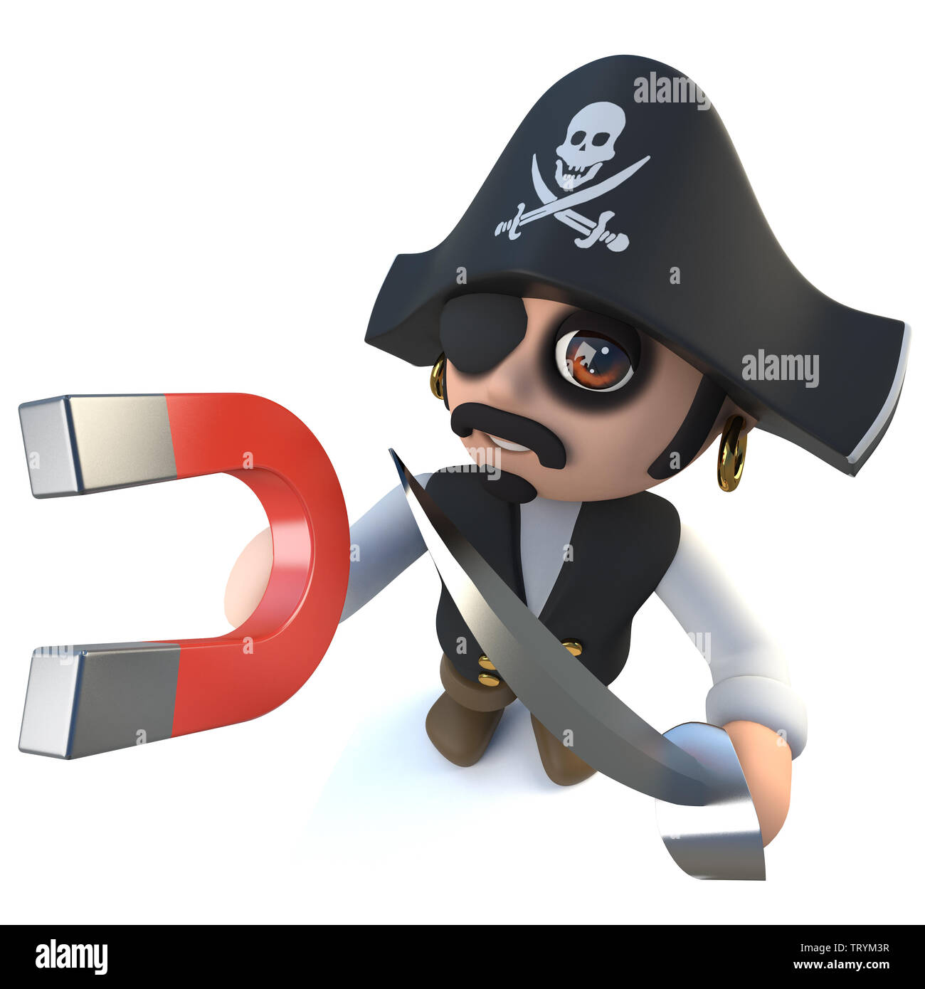 3d render of a funny cartoon pirate captain character holding a magnet ...