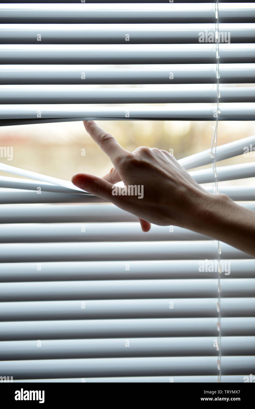Female hand separating slats of venetian blinds with a finger to see ...
