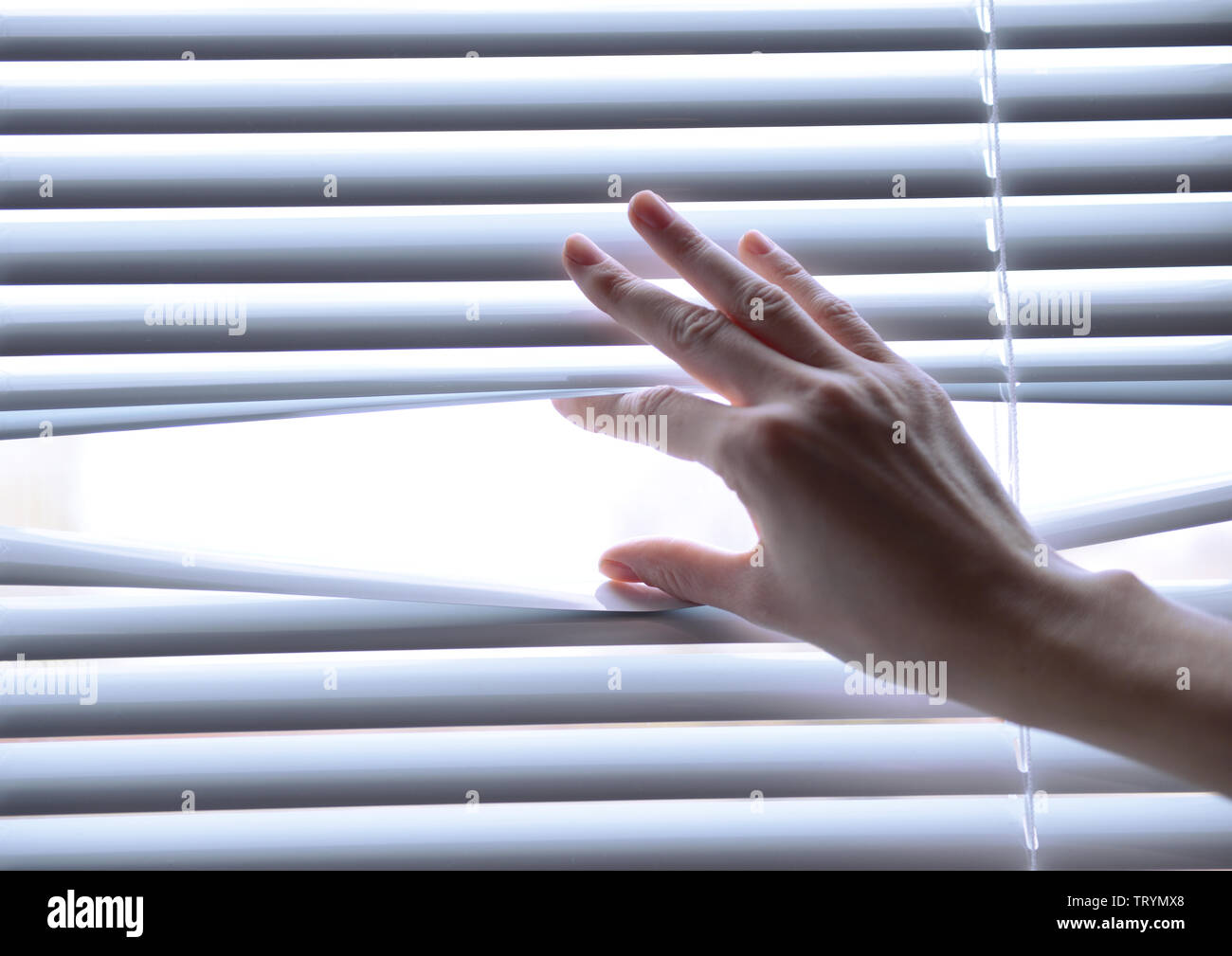 Female hand separating slats of venetian blinds with a finger to see ...