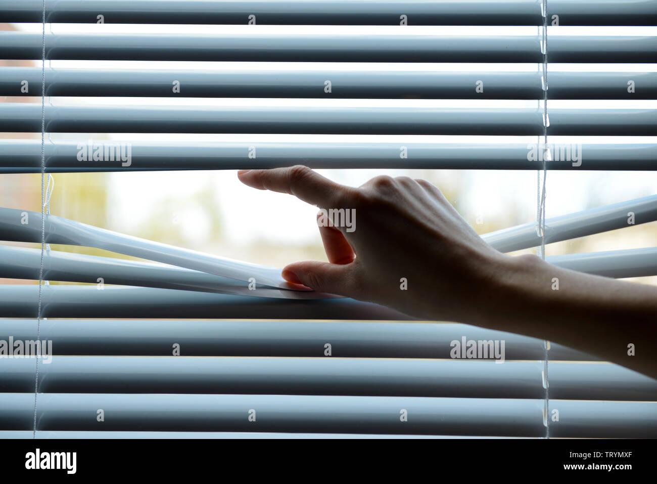 Female hand separating slats of venetian blinds with a finger to see ...