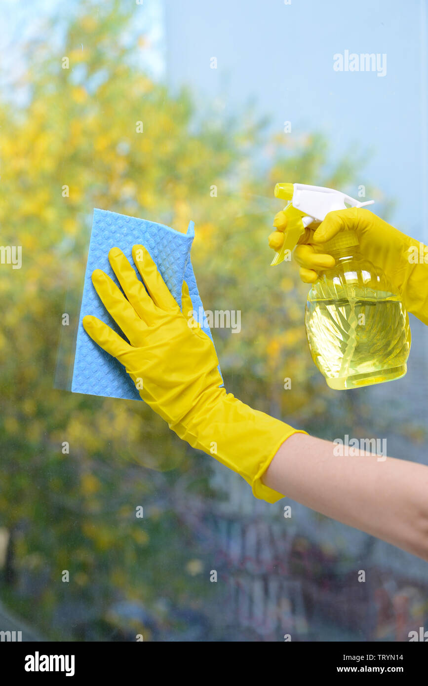 Hands with spray cleaning the window Stock Photo - Alamy